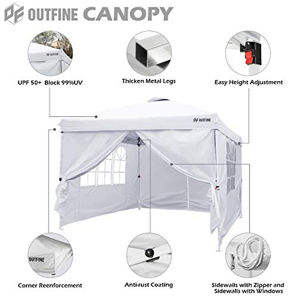 OUTFINE Canopy 10'x10' Pop Up Commercial Instant Gazebo Tent, Fully Waterproof, Outdoor Party Canopies with 4 Removable Sidewalls, Stakes x8, Ropes x4 (White, 10*10FT)
