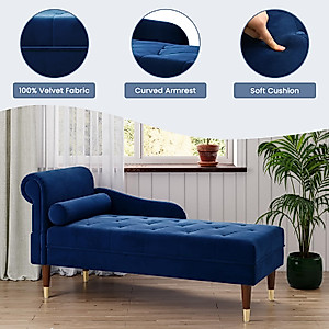 Vesgantti 59" Modern Velvet Chaise Lounge Indoor,Upholstered Lounge Chair with Left Armrest & Lumbar Pillow, Button Tufted Lounge Sofa for Living Room Bedroom Office,Tool-Free Assembly(Blue)