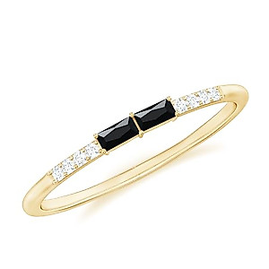 Natural Black Onyx Diamond Promise Ring For Women, Certified Onyx Stackable Ring, AAA Quality - With Jewelry Box, 14K Yellow Gold, Size:US 7.00