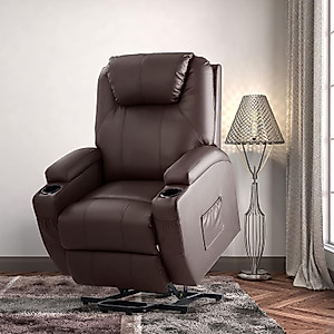 JUMMICO Power Lift Recliner Chair with Massage for Elderly PU Leather Modern Reclining Sofa Chair with Cup Holders, Remote Control, Adjustable Furniture (Brown)