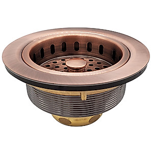 Westbrass A2165-11 4-1/4" OD Post Style Large Kitchen Basket Strainer with Waste Disposal Flange and Stopper Drain Set, 1-Pack, Antique Copper