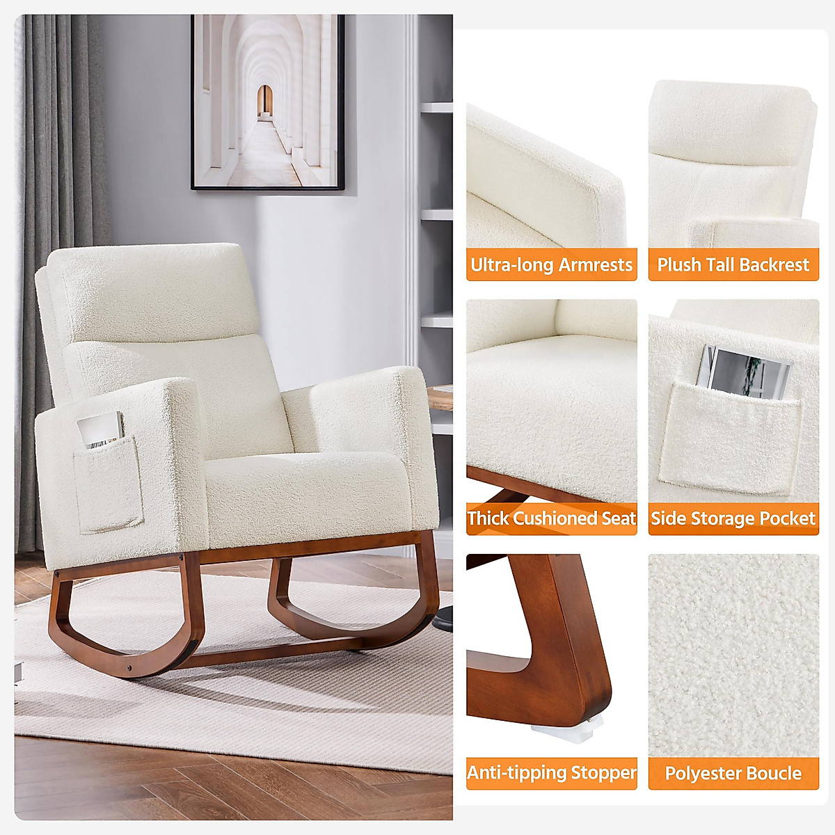 Yaheetech Boucle Living Room Chair, Modern Upholstered Rocking Accent Chair, Glider Chair Nursery Chair with Side Pocket and High Back Armchair for Living Room Bedroom Lounge, Ivory