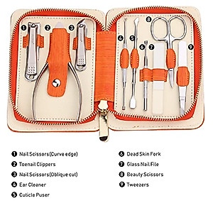 ZIZZON Manicure Set Professional Stainless Steel Toenail and Fingernail Clippers Set 9 in1 Pedicure and Grooming kit with Travel Case (Orange)