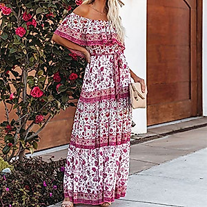 Beach Wedding Guest Dresses for Women Bohemian Maxi Long Dresses Trendy 2023 Elegant Off Shoulder Dress Summer Floral Print Flowy Ruffle Sundress Girls