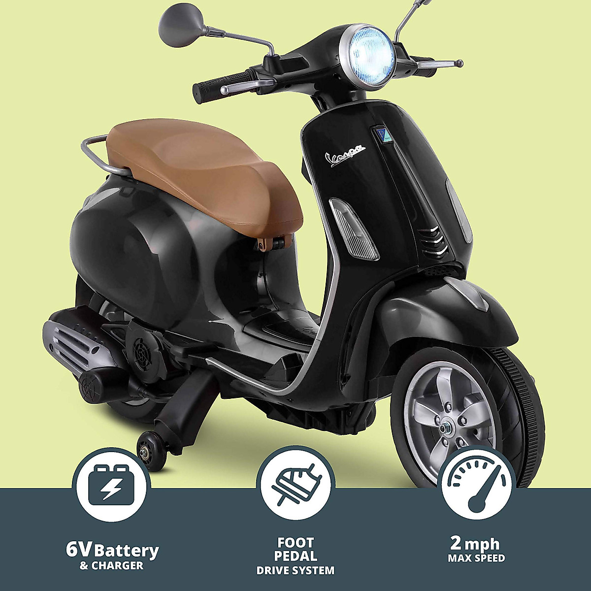 Kid Trax Toddler Vespa Scooter Electric Ride On Toy, 3-5 Years Old, 6 Volt, Max Weight 60 lbs, Black, 6V (KT1419AZA)