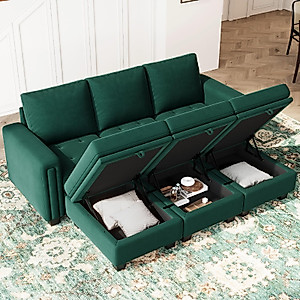 Belffin Green Velvet L-Shape Modular Convertible Sofa Bed with Storage, 83.4x62.2x35.8 inches, 6 Pieces, Medium Firmness