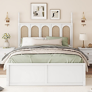 SOFTSEA Queen Size Platform Bed with Trundle and 2 Storage Drawers, Wood Platform Bed with Rattan Headboard, Rattan Bed Frame with Wood Support Slats, No Box Spring Needed, White
