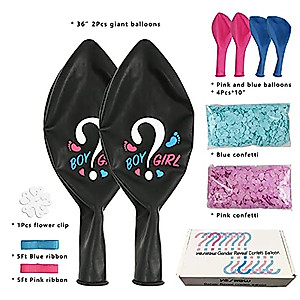 Gender Reveal Balloon with Confetti,36 Inch Black Balloons x2 Boy or Girl Gender Reveal Party Supplies with Pink and Blue Round Shape Confetti for Baby Shower Gender Reveal Decorations Kit