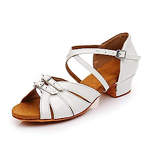 YKXLM Girl's & Women's Leather Latin Dance Shoes Ballroom Adjustable Buckle Dancing Shoes Cross Strap Ballroom Heels,Model AS-WH-D28-White-3.5cm,12.5 M Little Kid