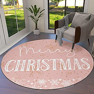 Merry Christmas Round Area Rug 5ft,Washable Outdoor Indoor Carpet Runner Rug for Bedroom,Kitchen,Bathroom,Living/Dining/Laundry Room,Office,Area+Rug Bath Door Mat Blush Pink Gold Winter Snowflake
