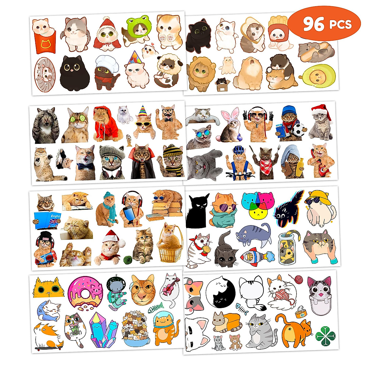 96 PCS Cute Funny Meme Cat Cats Temporary Tattoos Stickers Themed Birthday Party Decorations Supplies Decor Favors Animal Pet Puppy Tattoo Sticker Gifts For Kids Boys Girls School Prizes Christmas