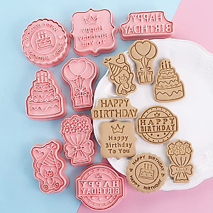Pink PP Material Birthday Cookie Cutters, 8 Pcs Theme Set Embossing Dies and Plunger Dies for Fondant Cookies Pastry Cheese Baking(Birthday)