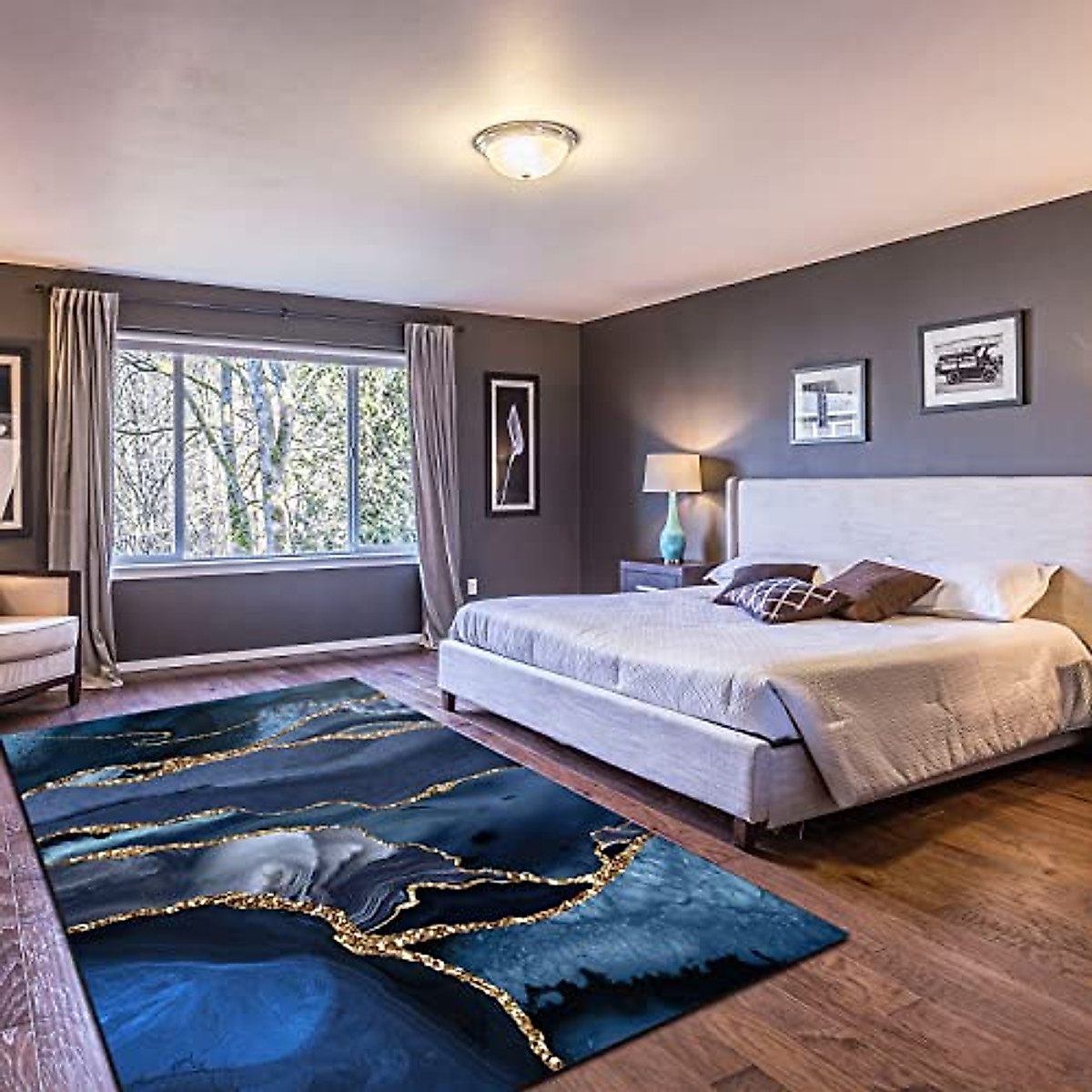 QINYUN Art Abstract Area Rug, Blue Marble Deep Gold Indoor Rug, Decorative Rug Non-Slip Soft Machine Washable, for Apartment Living Room Bedroom Dining Room-5ft×8ft
