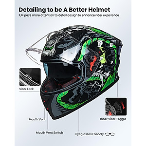 ILM Motorcycle Helmet Full Face with Pinlock Compatible Clear&Tinted Visors and Fins Street Bike Motocross Casco DOT Model Z501(Legend Green, X-Large)
