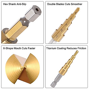 uxcell Step Drill Bit HSS 4241 4mm to 12mm 5 Sizes Titanium Coated Straight Flutes Hex Shank for Metal Wood Plastic