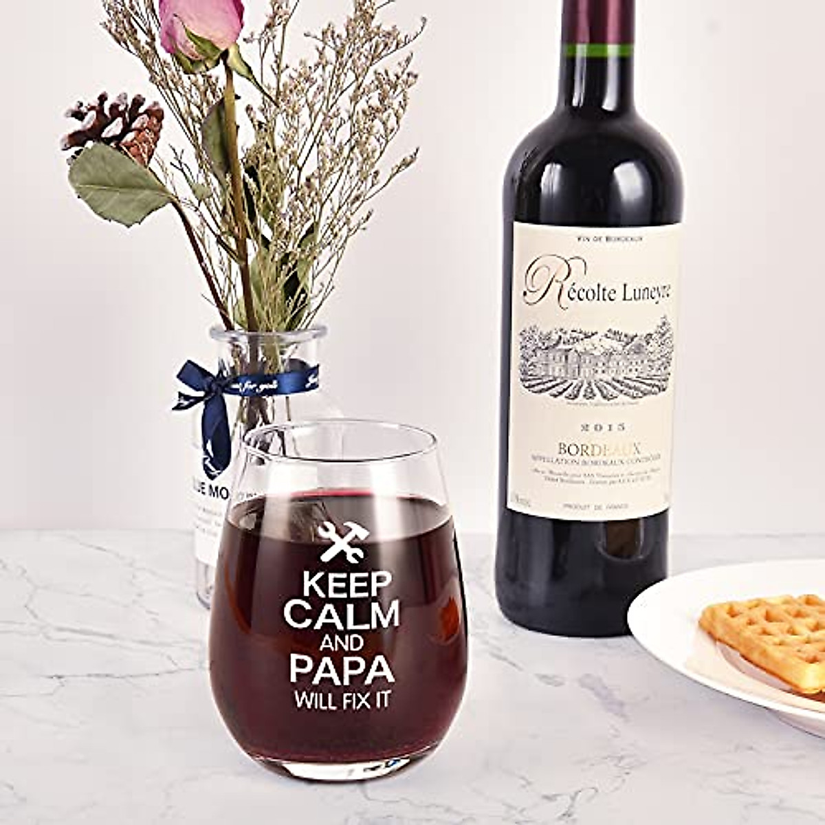 Funny Dad Wine Glass - Keep Calm And Papa Will Fix It Stemless Wine Glass 15Oz, Unique Father’s Day Gift for Dad Papa Father New Dad Husband from Daughter, Son, Wife, Dad Gift for Birthday, Christmas