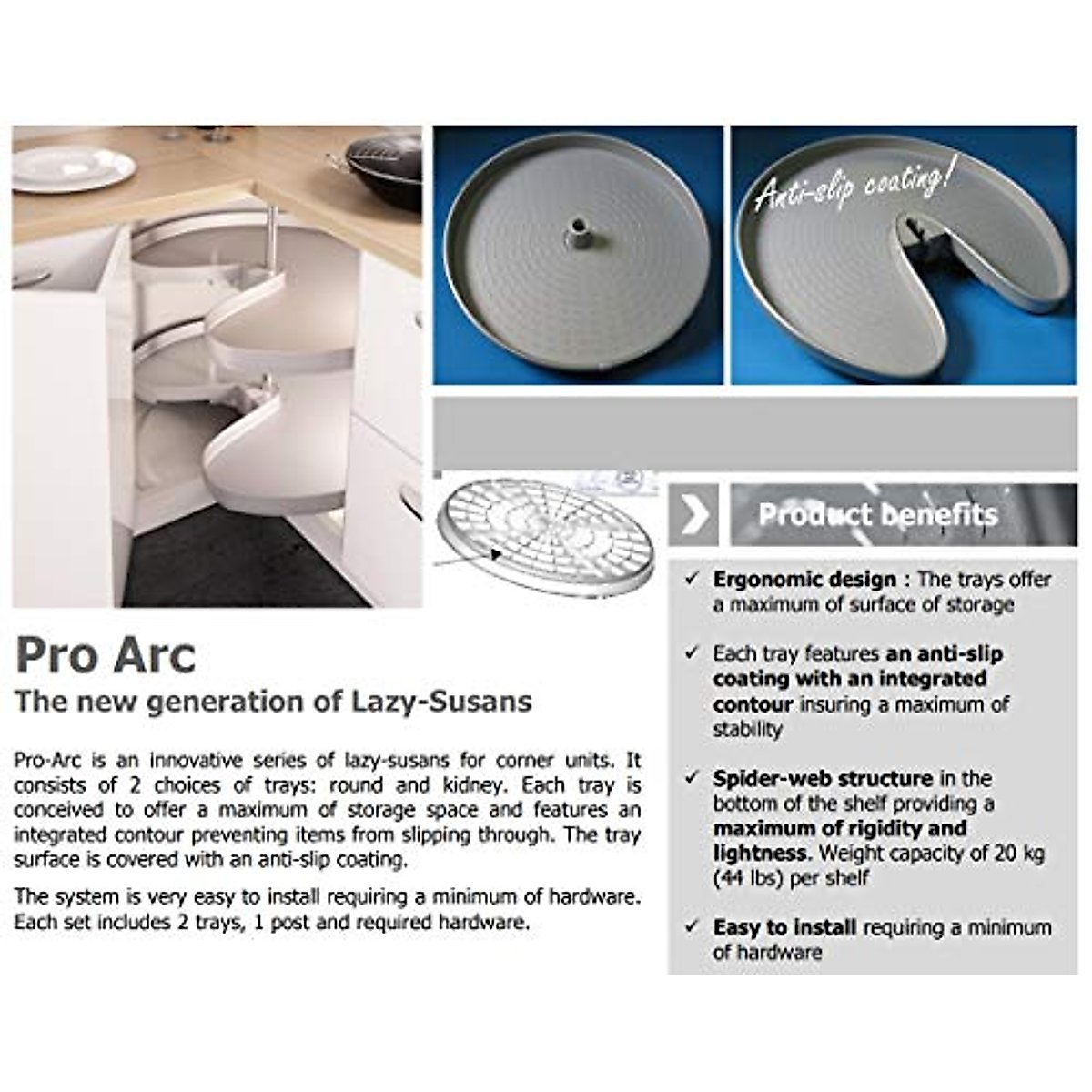 Pro-Arc The New Generation of 3/4 Kidney 2-Shelf Lazy Susan Set with Durable Anti-Slip Spider-Web Structured Rigid Ergonomically Designed Gray Trays (32 INCH)