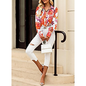 EVALESS Womens Tops Long Sleeve Shirt Cute Print Blouses for Women Fashion 2025 Red Button Down Shirt for Women Dressy Casual Boho Clothes Outfits for Holiday Sexy V Neck Tops for Spring Fall,Small