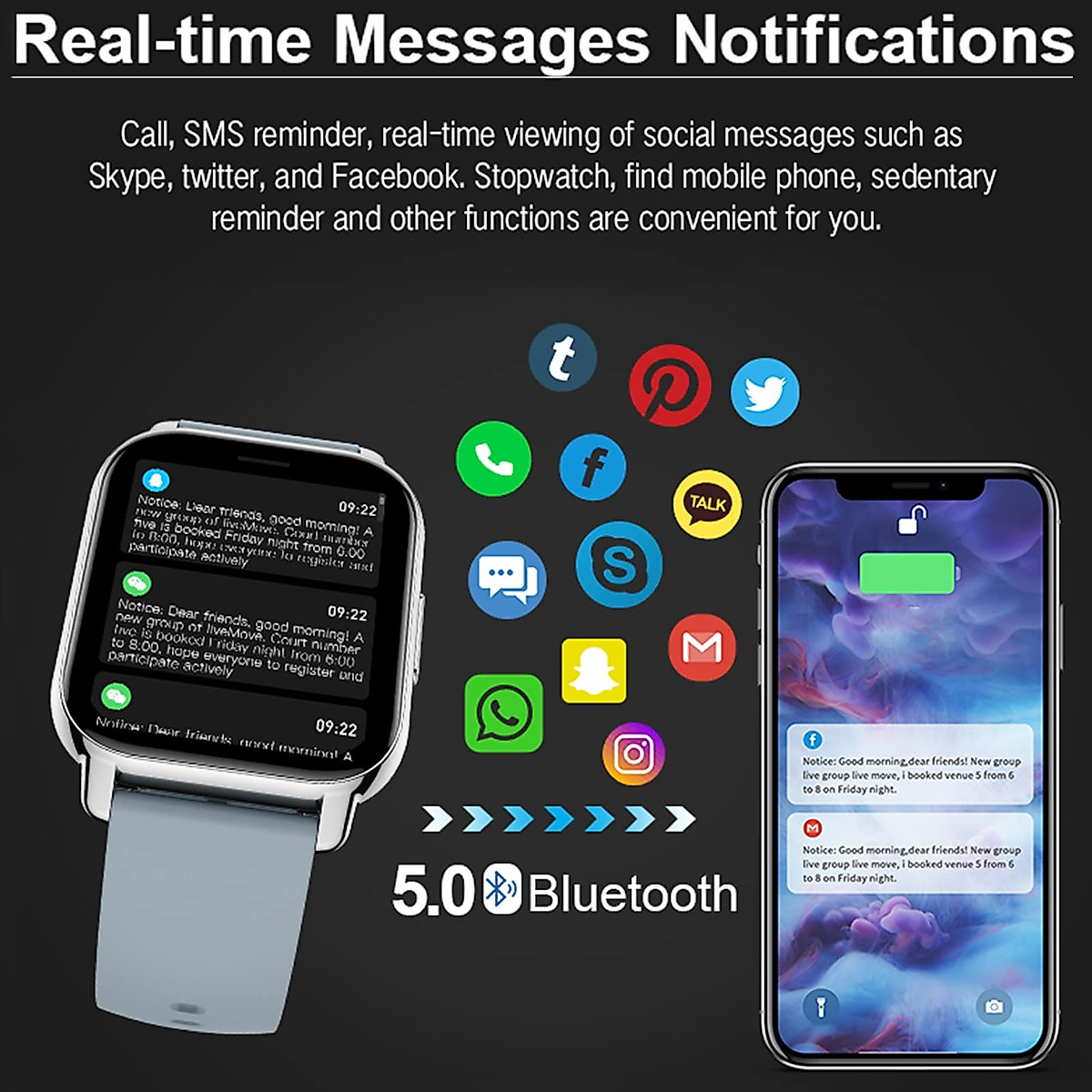 Pretty Sure Smart Watch 1.85''Touch Screen Running Watch Waterproof Step Counter Handheld GPS Units Fitness Bluetooth Watch,24 Sport Modes, Blood Oxygen for iPhone iOS Andriod -Silver Gray