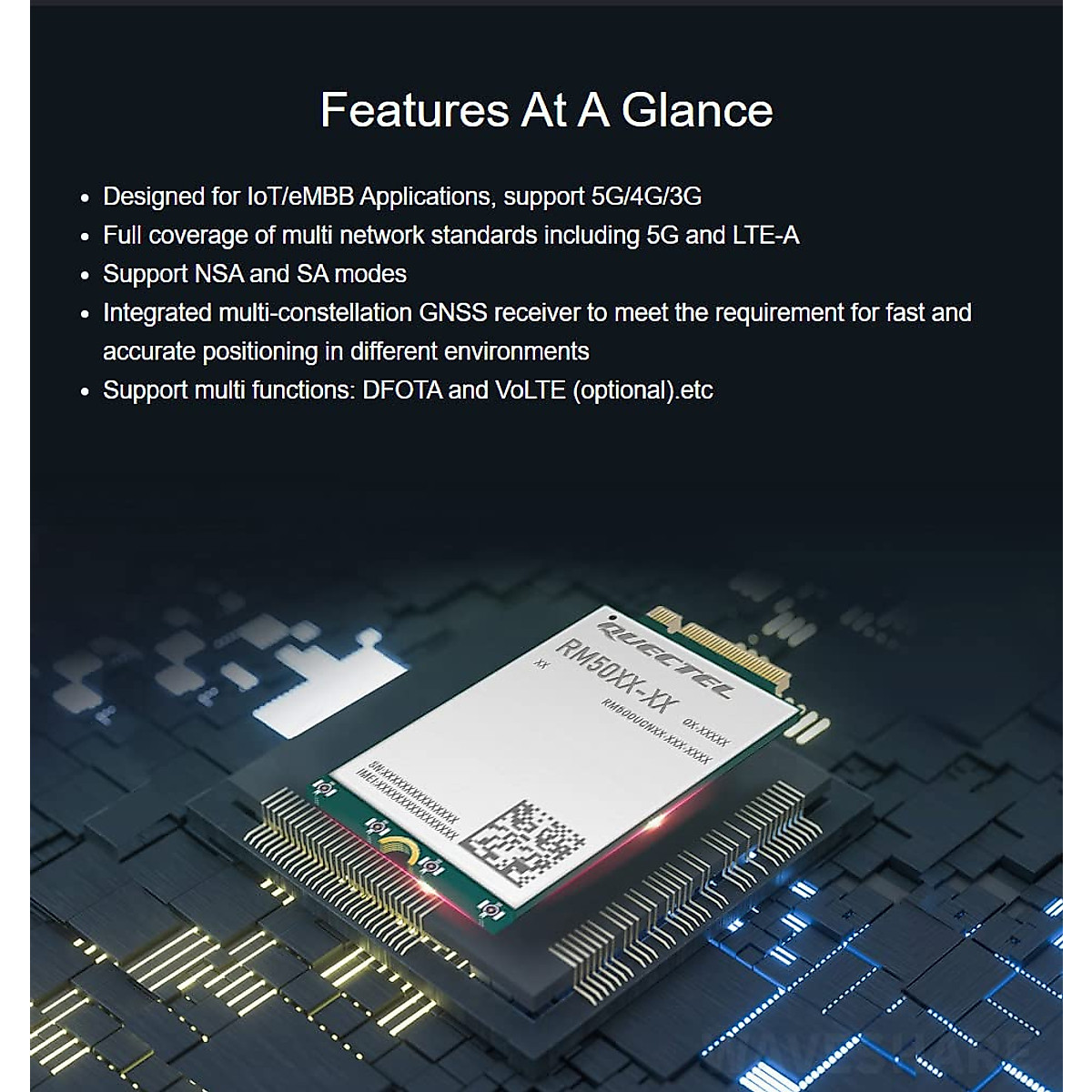Waveshare Quectel 5G Sub-6 GHz Module Designed for IoT/EMBB Applications Industrial-Grade Modules Support DFOTA and Volte Functions-RM502Q-AE