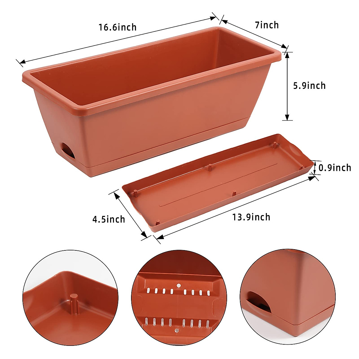 8pcs Window Box Planter,17 Inches Flower Window Boxes, Rectangle Planters Box with Drainage Holes and Trays, Plastic Vegetable Planters for Windowsill Patio Garden Home Decor Porch Yard (Red)