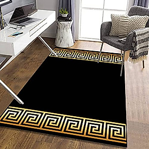 Geometric Greek Gold Pattern Area Rugs, Black Yellow Geometric Easy Clean Rug, Soft Non-Skid Carpet Throw Rug for Kids Teen Girls Boys Bedroom, Living Room Bathroom,Classroom Office 3ftx5ft