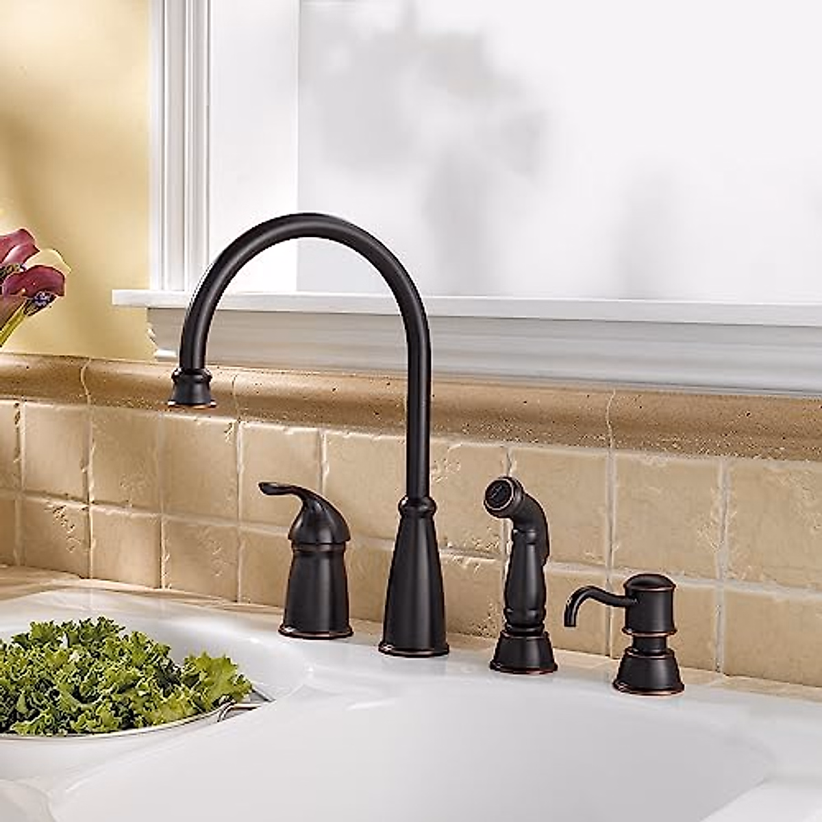 Pfister Avalon Kitchen Sink Faucet with Side Sprayer and Soap Dispenser, Single Handle, High Arc, Tuscan Bronze Finish, GT264CBY
