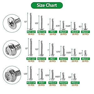 325Pcs Self Drilling Screws Assortment Kit, 410 Stainless Steel Self Tapping Sheet Metal TEK Screws for Metal, Truss & Hex Washer Head #8#10-1/2",5/8",3/4",1",1-1/4",1-1/2"