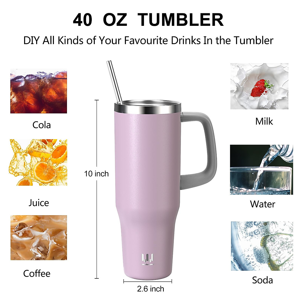 40 oz Insulated Tumbler with Handle, Stainless Steel Straw and silicone sleeves, Leakproof Travel Mug for Water, Iced Tea or Coffee, Insulated Cup Gifts for Women & Men, Purple