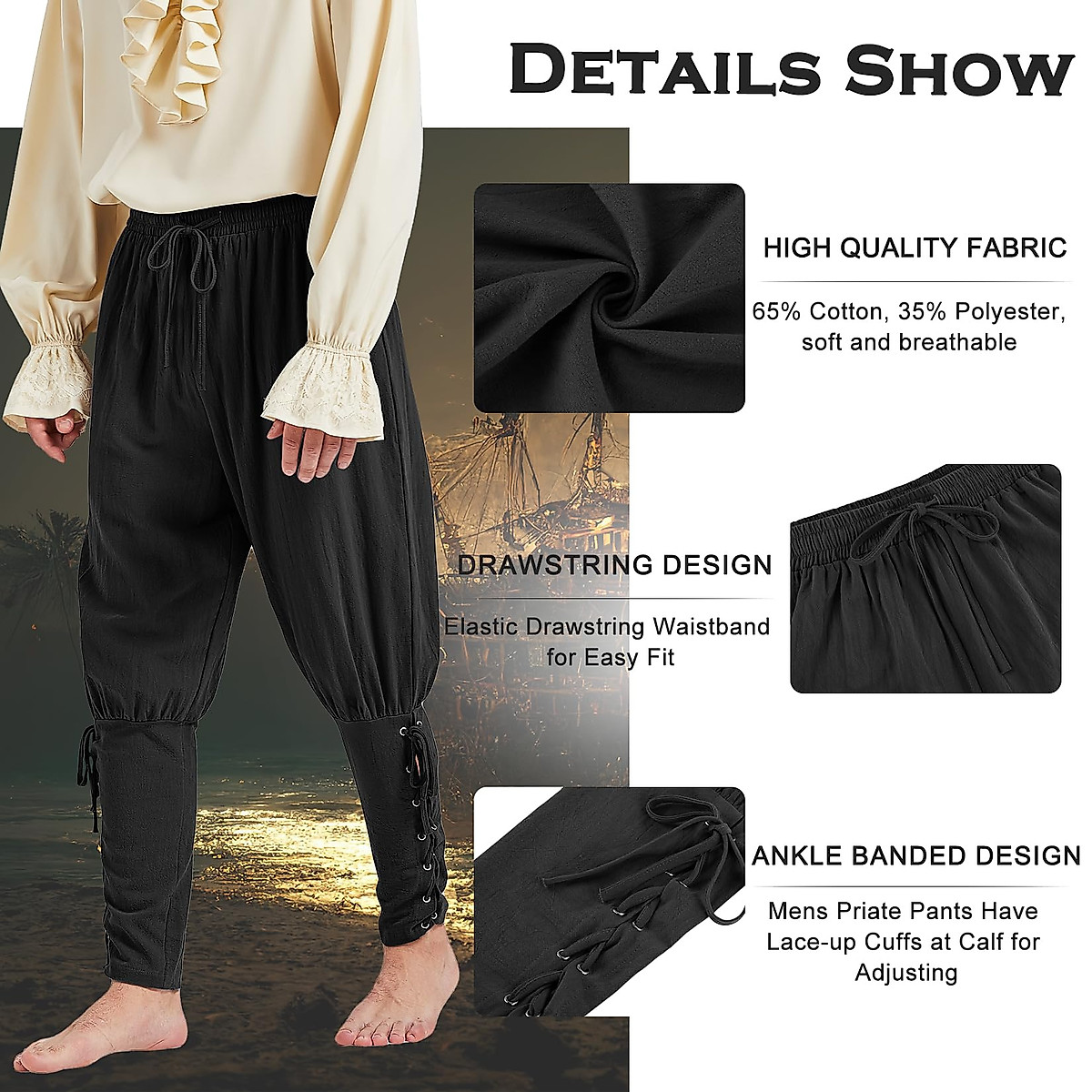 Men's Ankle Banded Cuff Renaissance Pants Medieval Viking Navigator Trousers Pirate Pants Steampunk Lace Up Cosplay Pants with Drawstrings 02 Brown XX-Large
