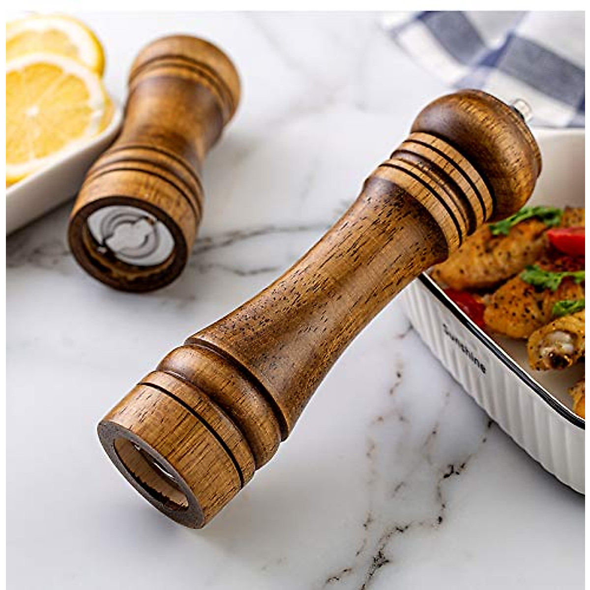 Wood Pepper Grinder Pepper Mill,Adjustable Coarseness Wooden Peppermill, Ceramic Grinding Mechanism Salt Mill Refillable - 8 inch