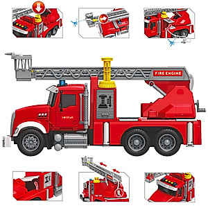 Fire Truck Toy Set for Kids - Fire Engine Truck with Water Spraying Hose, Rotating Ladder + 3 Fireman Firefighters, Road Signs, Lights & Sounds – Toy Fire Truck for Boys Age 4-7, Girls 3 Years Old+