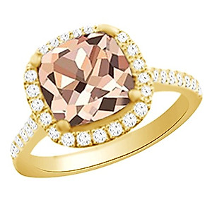 AFFY 3.4 cttw Simulated Pink Morganite & White Natural Diamond Halo Engagement Wedding Ring in 14 Yellow Gold with, Ring Size 12