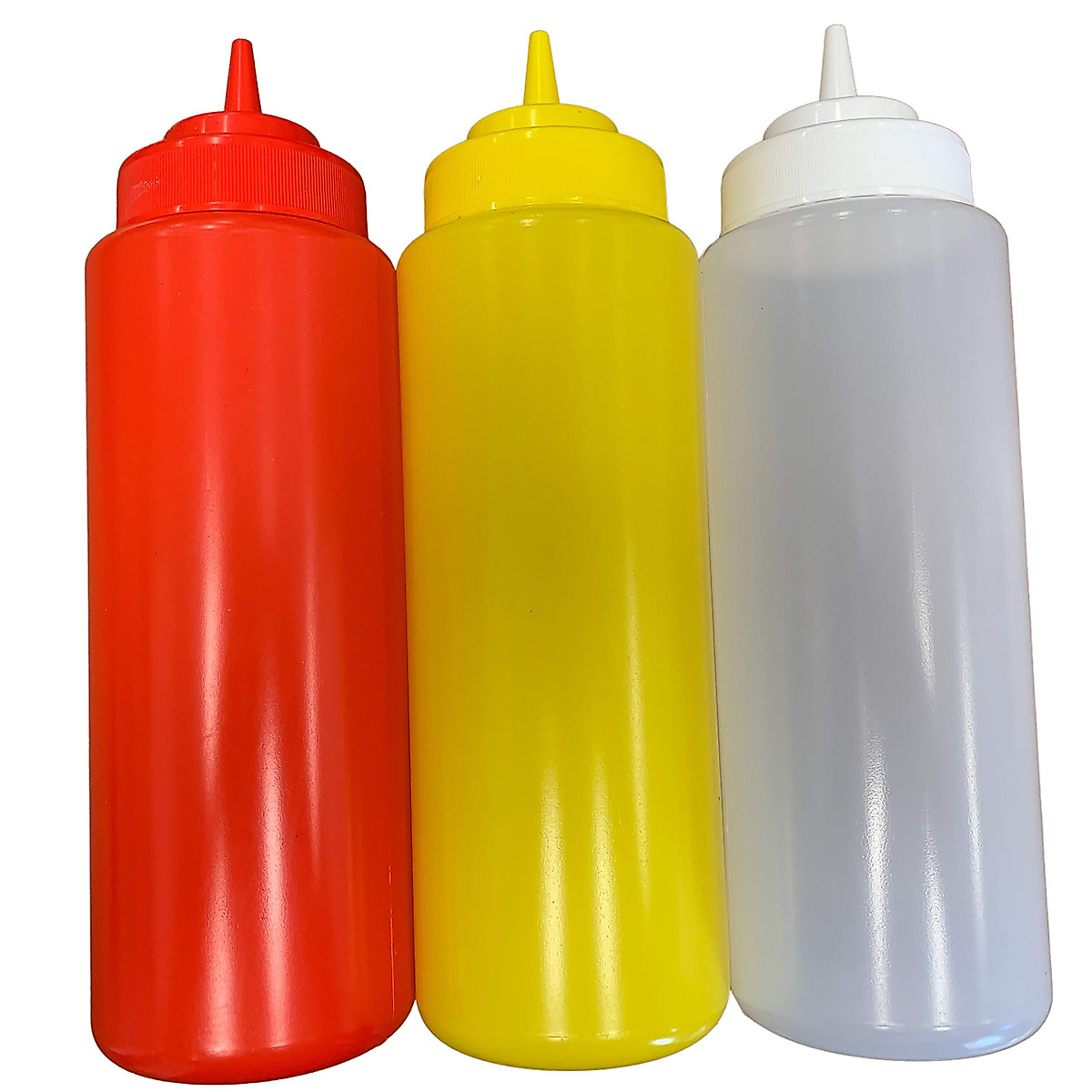 Large Ketchup Mustard and Clear BPA Free Food Prep Set of 3 Plastic Squeeze Bottles for Condiments Holds 32 oz Each