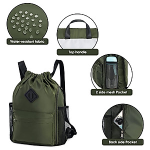 WANDF Drawstring Backpack Sports Gym Bag with Shoes Compartment, Water-Resistant String Backpack Cinch for Women Men (Small,Dark green)