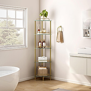 FAVOOSTY 5-Tier Corner Shelf Stand, Gold Corner Bookshelf, Bathroom Organizer, Plant Stand, Tempered Glass Shelves, Modern Style for Living Room, Bedroom, Kitchen, Home Office, Metallic Gold