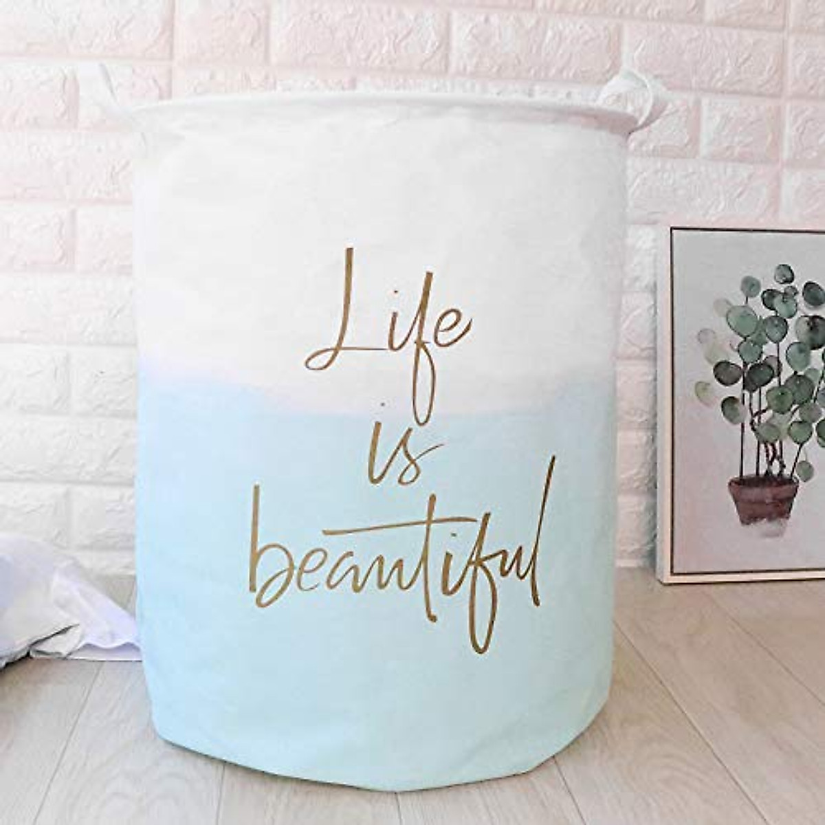 FILOL Clothes Laundry Hamper Storage Bin,Life is Beautiful Slogan Large Collapsible Storage Basket Canvas Laundry Basket for Home Bedroom Nursery Room
