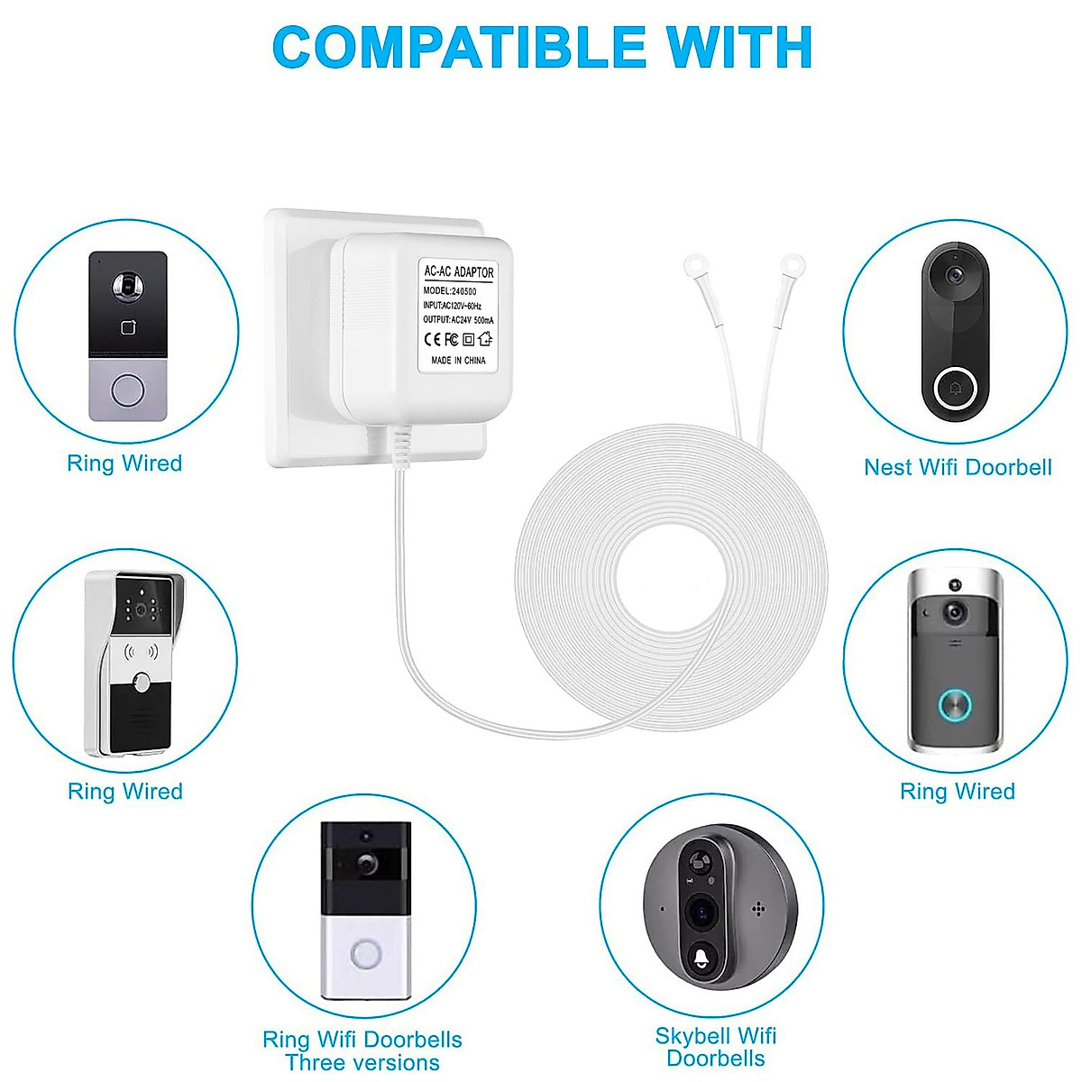 24V Transformer for Ring Doorbell Transformer C Wire Adapter Thermostat, 24V Doorbell Power Compatible with Wyze,Ring,Nest Ecobee,Honeywell, Eufy and Nest Hello Video Doorbells,White 33 Foot Length