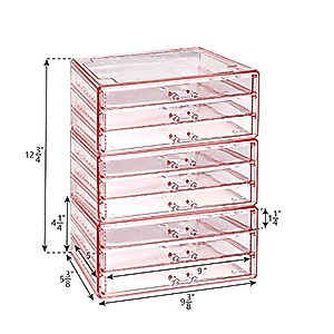 Ikee Design Acrylic Jewelry Makeup Storage Drawer Organizer, 3 Pieces Storage Set for Home Storage and Office Stationary Drawers, Pink Color, 9.38" W x 5.38" D x 12.75" H