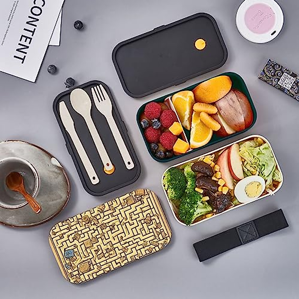 Treasure Maze Adult Lunch Box, Bento Box, With Cutlery Set Of 3, 2 Compartments, Rectangular, Lunch Box For Adults