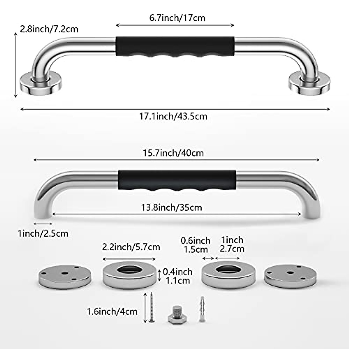 2 Pack 16 Inch Shower Grab Bar w/Anti Slip Rubber Grip,ZUEXT SUS304 Stainless Steel Bath Grab Bar,Bathroom Balance Bar,Wall Mount Safety Handrail Support,Handicap Injury Elderly Senior Assist Handle