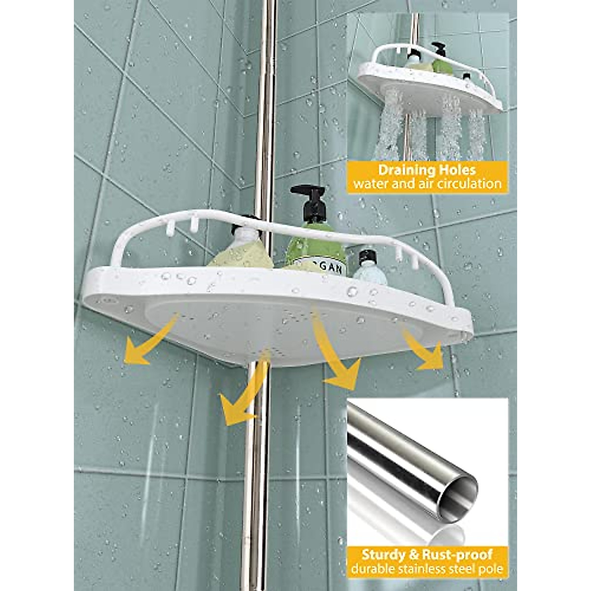Corner Shower Caddy with Tension Pole and Rustproof Shelves