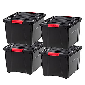 IRIS USA 40 Quart Stackable Plastic Storage Bins with Lids and Latching Buckles, 4 Pack - Black, Containers with Lids and Latches, Durable Nestable Closet, Garage, Totes, Tubs Boxes Organizing
