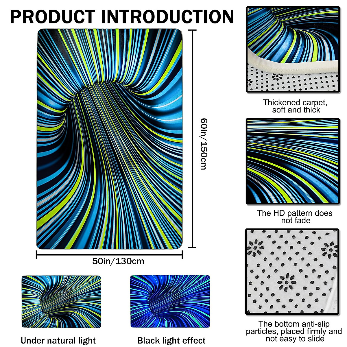 SEBKQ Optical Illusion Area Rug Black Light,Large UV Reactive 3D Vortex Non-Slip Carpet,Suitable for Living Room Bedroom Decorative Rug 70in×47in×0.39in(Green)