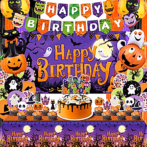 Halloween Birthday Party Decorations Halloween Birthday Banner Halloween Tablecloth Backdrop Banner Tinsel Fringe Foil Curtains Latex Balloons Cake Toppers for Kid Halloween Theme Birthday Party Decor