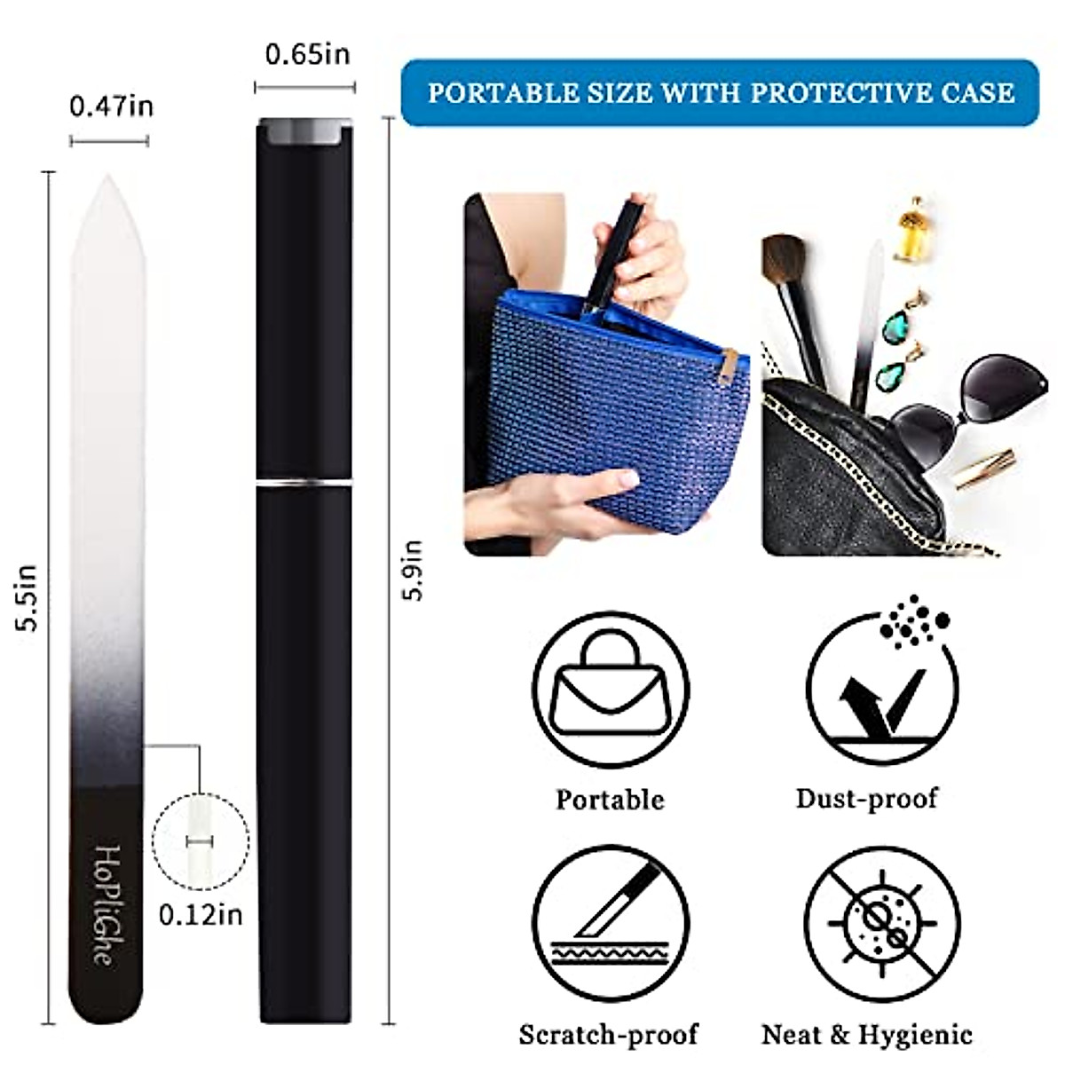 HoPliGhe Crystal Glass Nail File, Double Sided Nail Art Files for Natural Nails and Acrylic Nails Professional Manicue Tools and Supplies for Nail Care, Whashable Lifetime Nail Filer