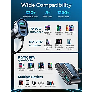 USB C Car Charger, 78W JOYROOM Fast Car Charger 5 Multi Port Cigarette Lighter USB Adapter, PD3.0&PPS Double Type C Adapter, QC3.0 Car Cell Phone Charger Fast Charge for iPhone 14/13 Samsung Android