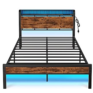 Furnulem Bed Frame Queen Size with Light,Industrial Storage Headboard with Power Outlet and USB Port,Wood Platform Queen Bed with Strong Metal Support,No Box Spring Needed,Silent