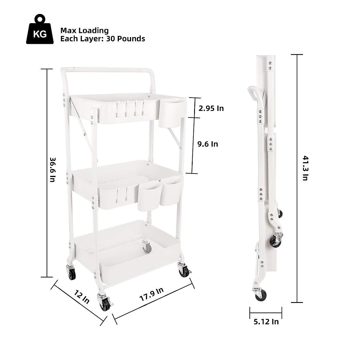 3-Tier Folding Rolling Utility Cart with Wheels, Foldable Storage Cart Organizer with 3 Hanging Cups & 6 Hooks for Kitchen, Office, Living Room, Nursery(White)