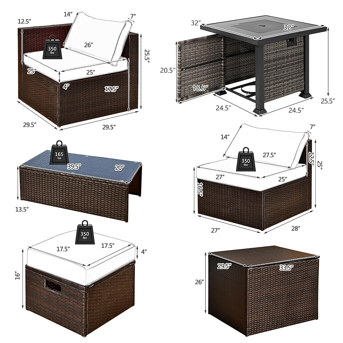 Tangkula 9 Pieces Patio Furniture Set with 50,000 BTU Propane Fire Pit Table, Outdoor Wicker Space-Saving Sectional Sofa Set with Storage Box, 32” Square Gas Fire Pit (Black)